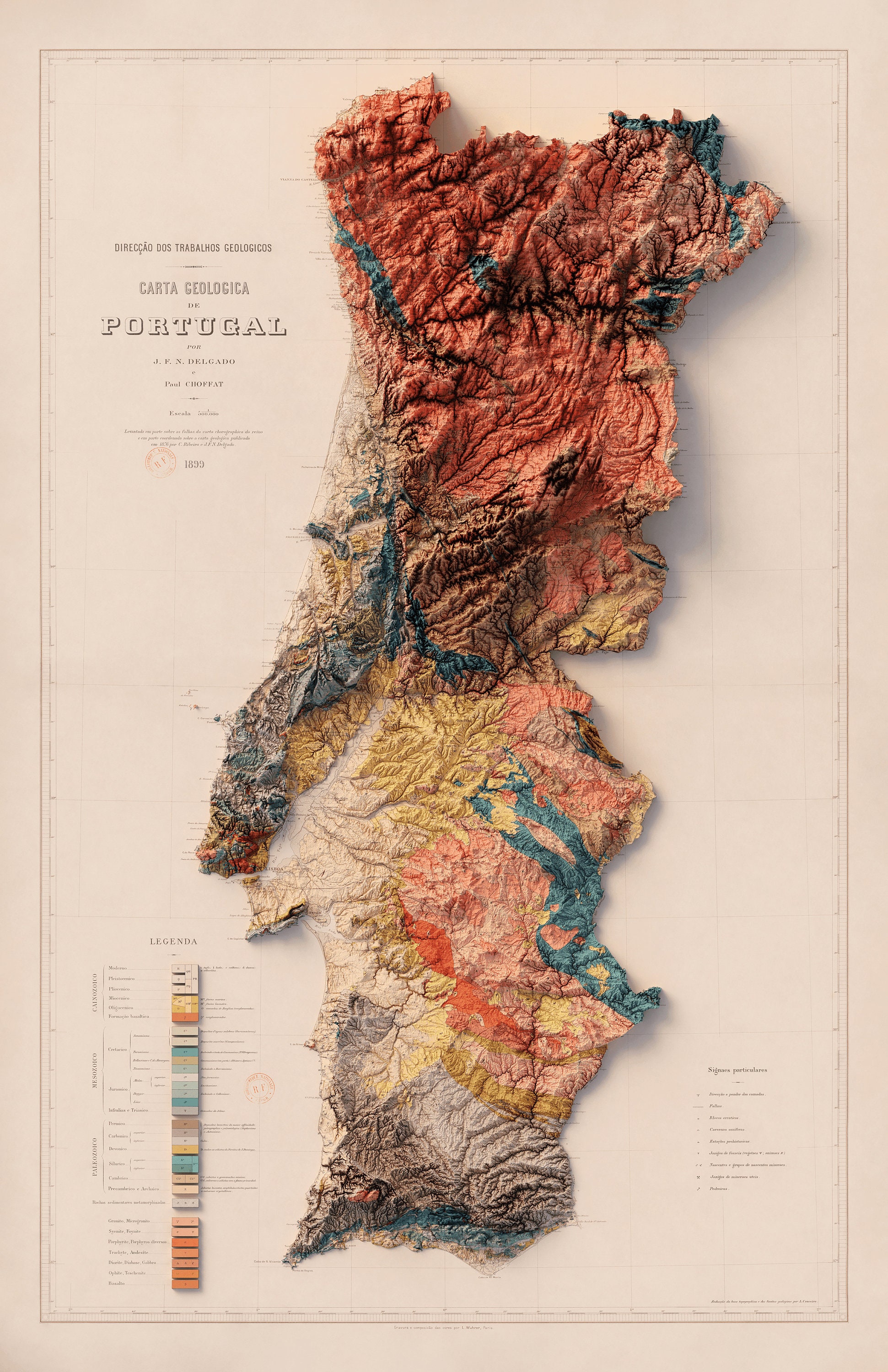 Portugal Geology Map Detailed Topographical Relief Print - Etsy