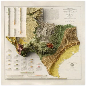 Texas Geology Map Topographical Relief Wall Art Poster, Unique Home ...