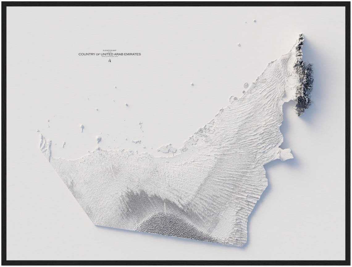 United Arab Emirates Elevation Map – Minimalist Black and White ...