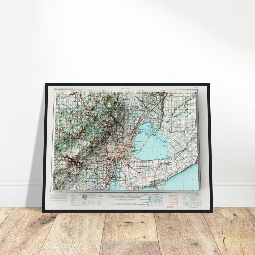 Detroit Michigan Map - Vintage Topographic Relief Print, Elevation Map ...