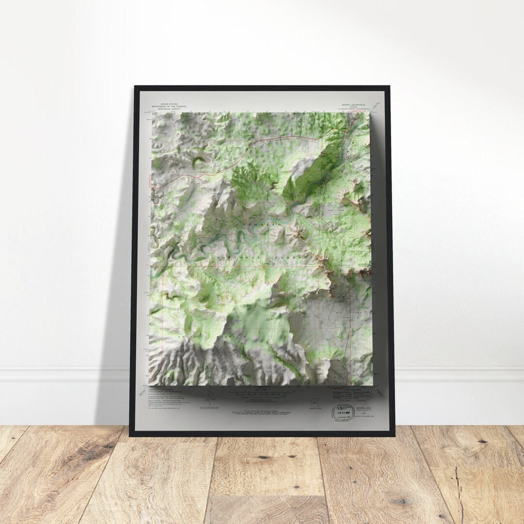 Sedona Arizona Map, Topographic Relief Wall Art, Vintage Style Print ...