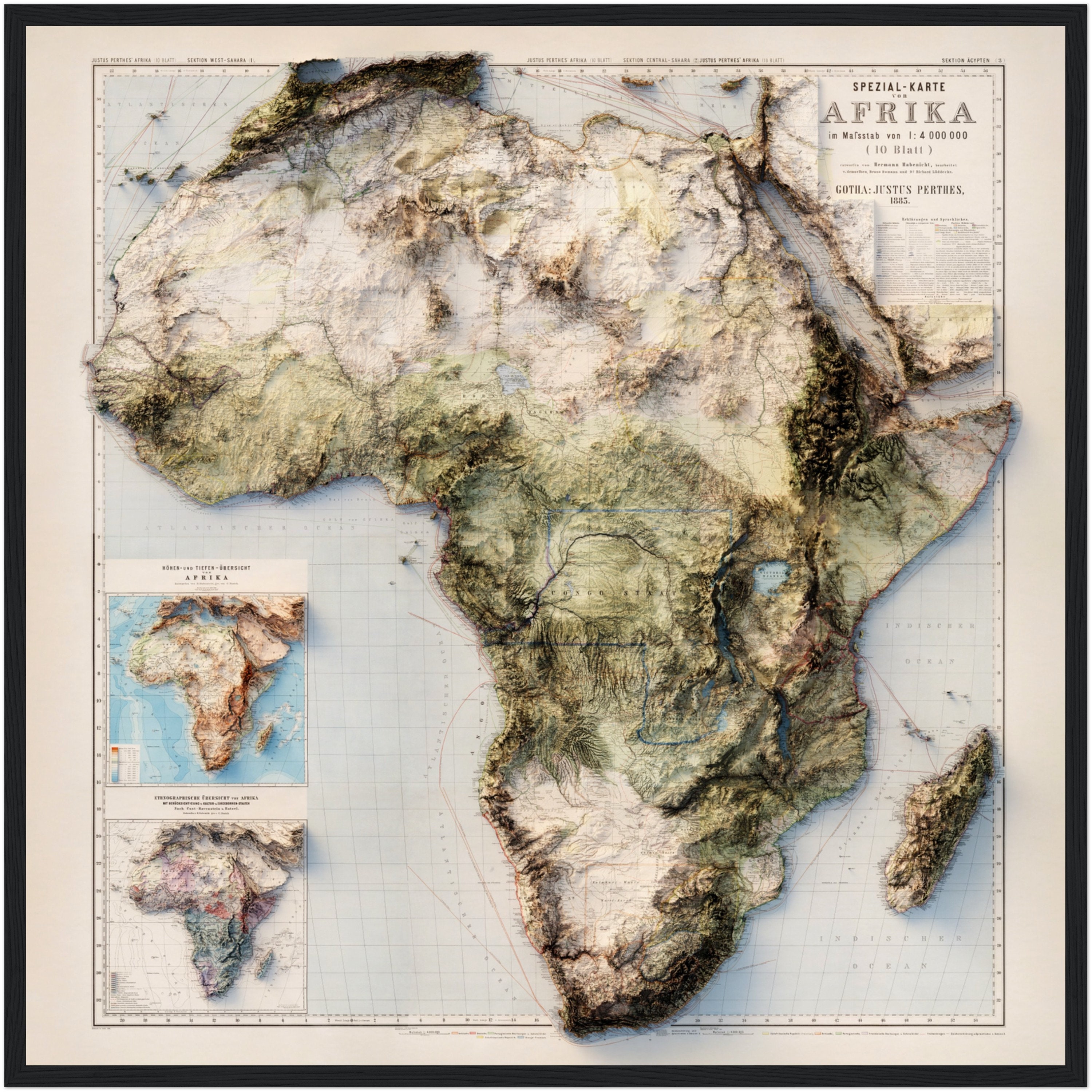 Africa Topography Map – Vintage Relief Map Wall Art, Detailed Geography ...