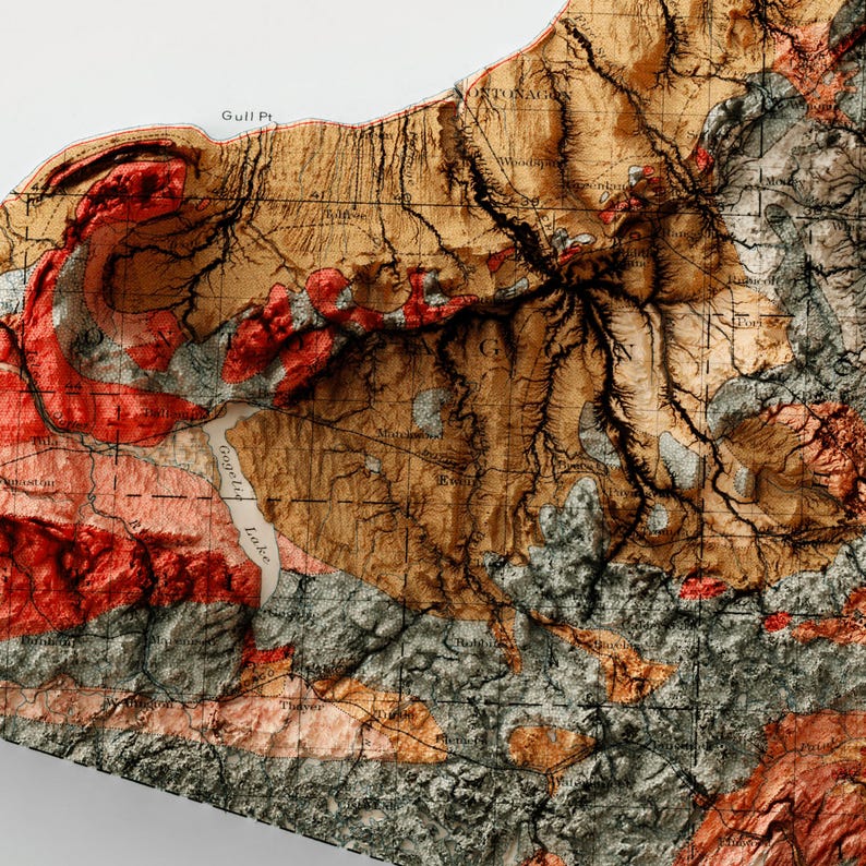 Upper Peninsula of Michigan Geology Map, Topographic Relief Print ...