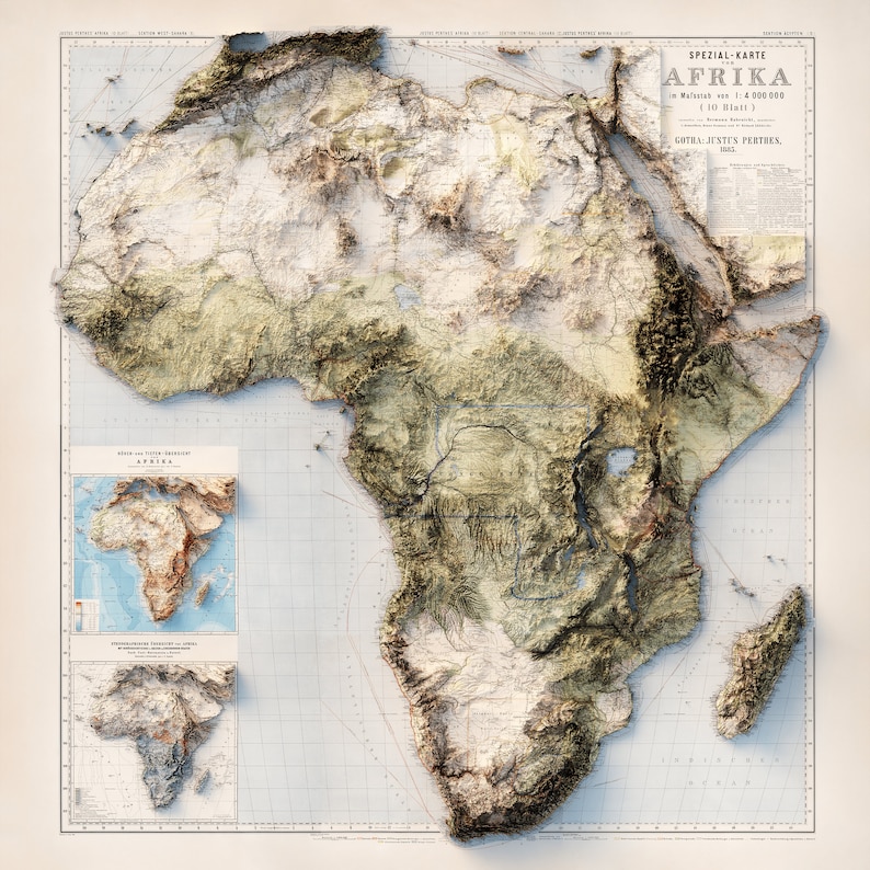 Africa Topography Map – Vintage Relief Map Wall Art, Detailed Geography ...