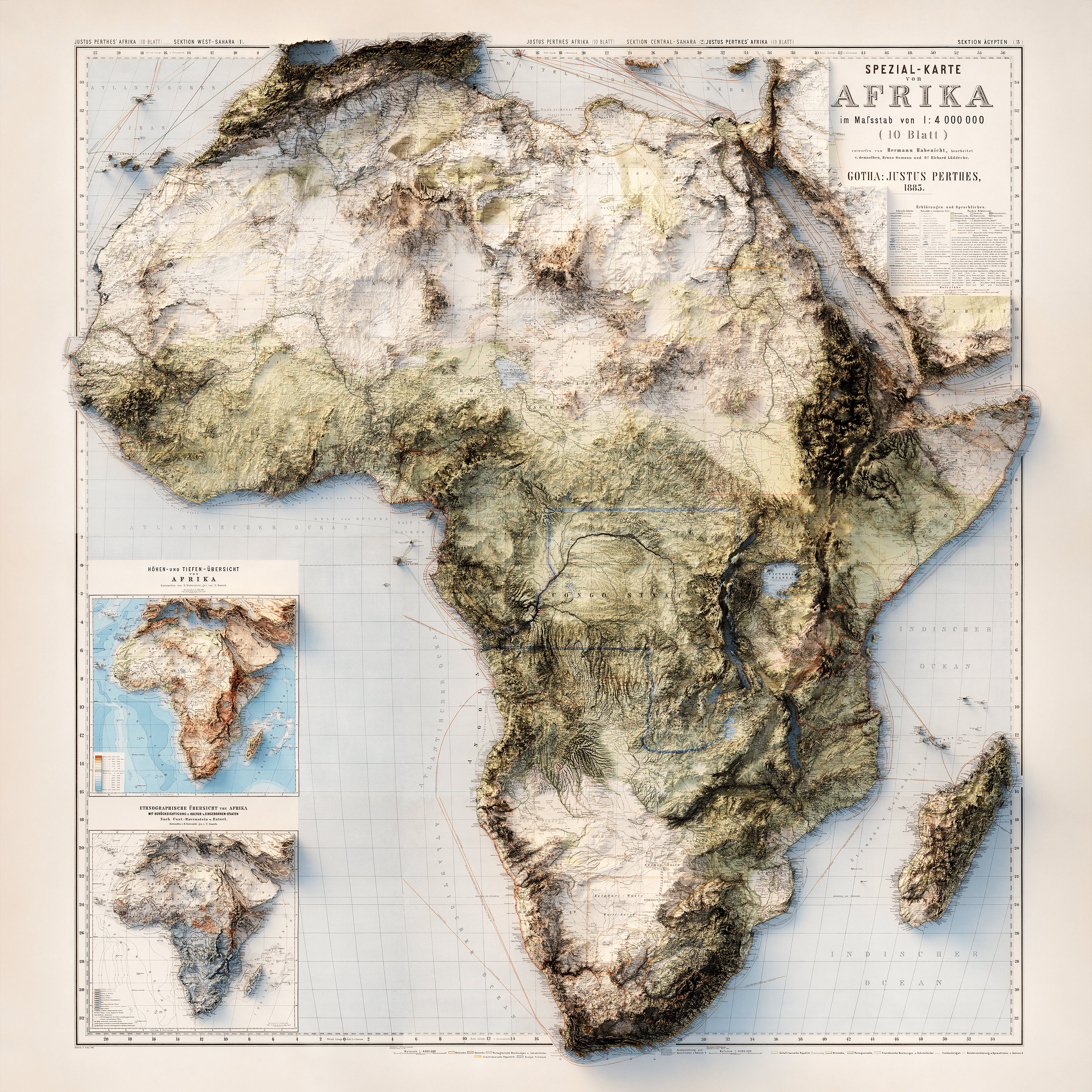 Africa Topography Map – Vintage Relief Map Wall Art, Detailed Geography ...