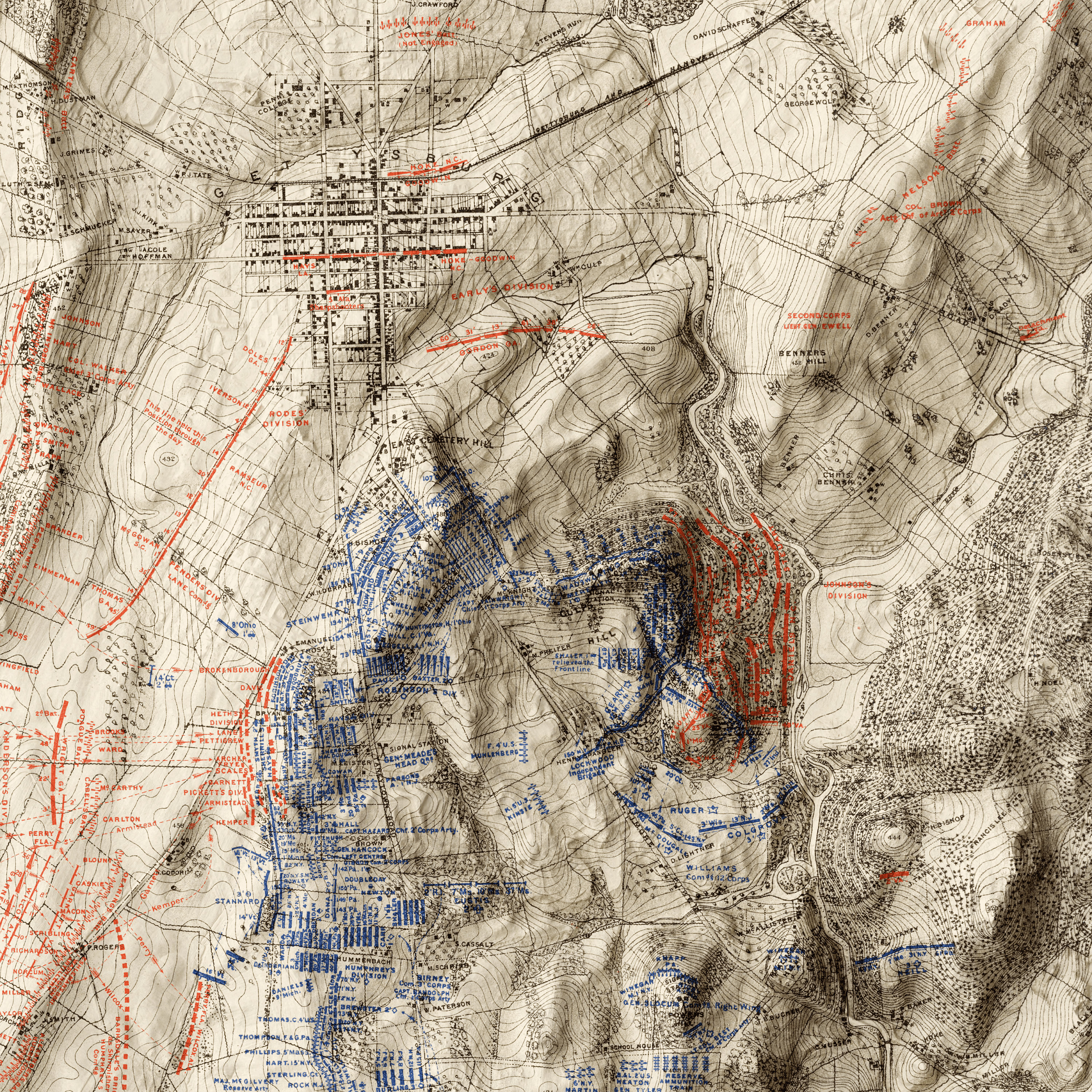 Gettysburg Battle Map - Third Days Combat Detail, Vintage Topographic ...