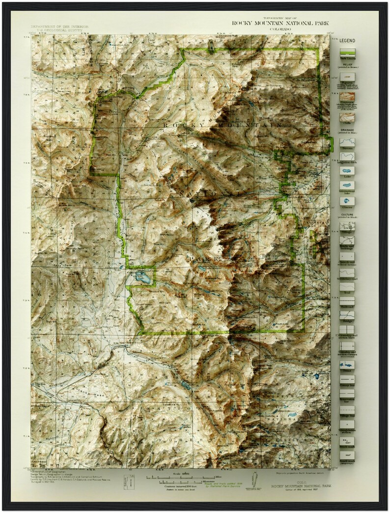 Rocky Mountain National Park Map – Vintage Colorado Topographic Relief ...