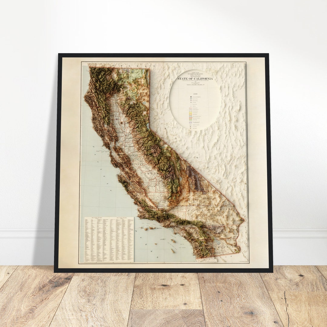 California Land Map, Wall Art Print, Topographic Relief, Cartography ...