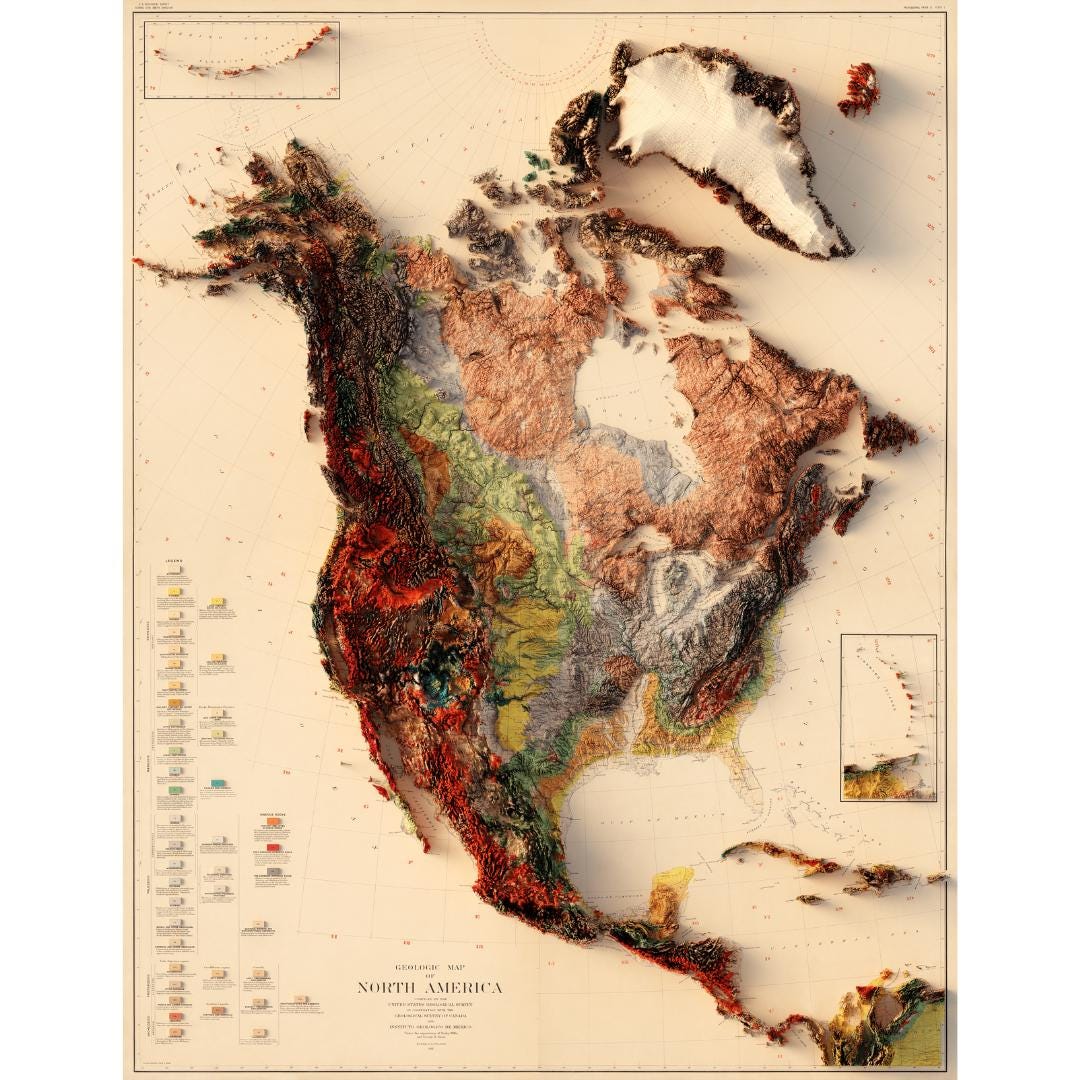 North America Geology Map – Vintage Geological Survey Print, Shaded ...