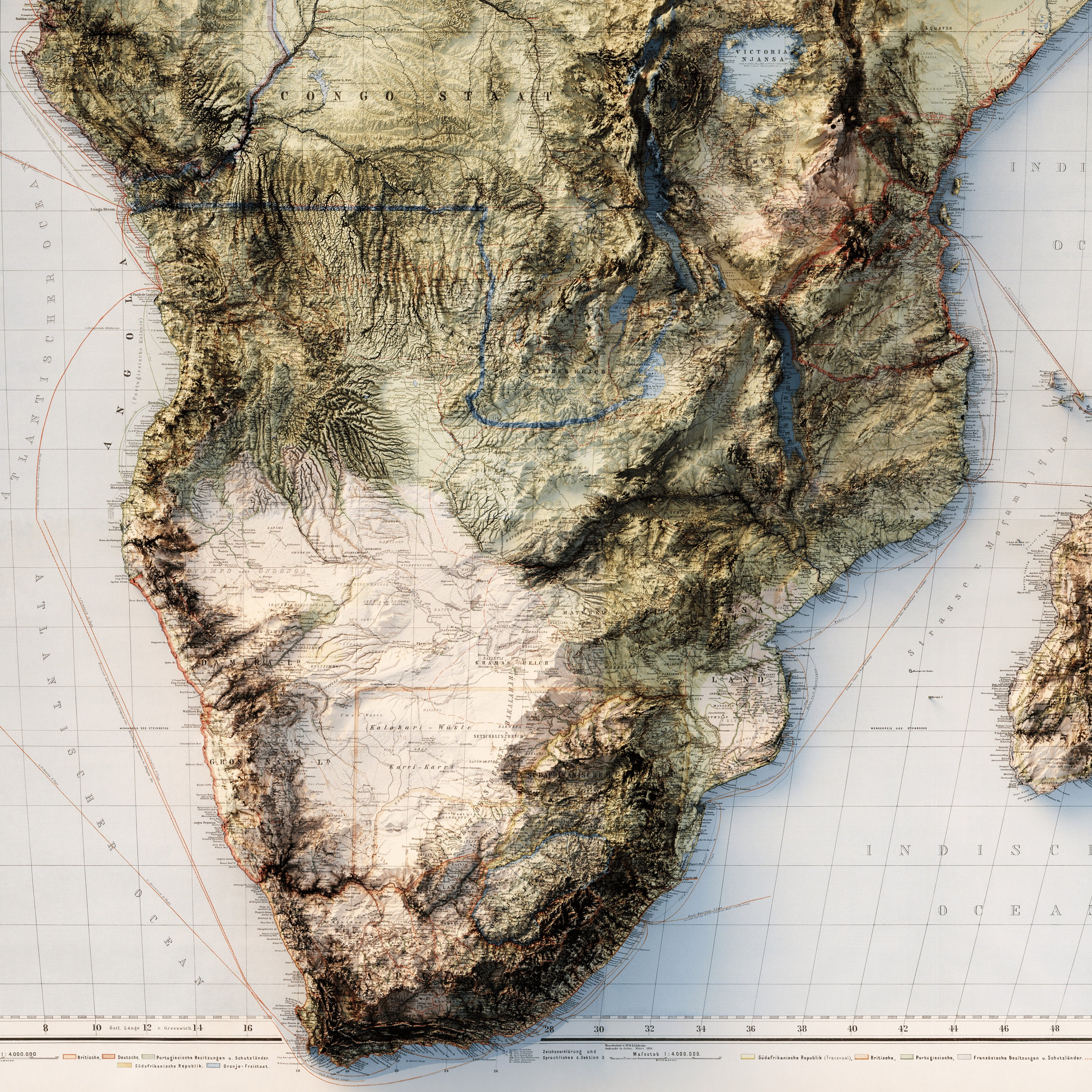 Africa Topography Map – Vintage Relief Map Wall Art, Detailed Geography ...
