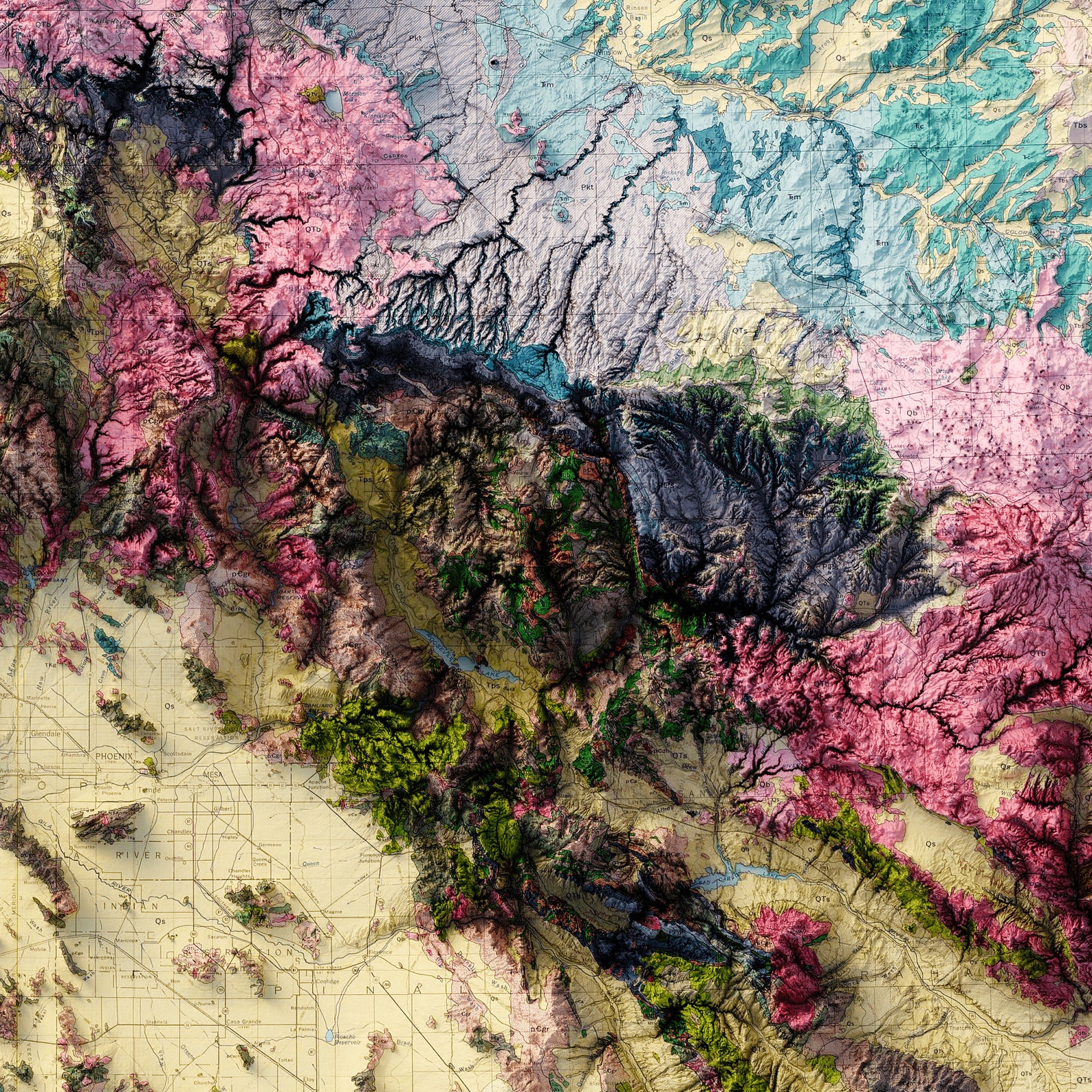 Arizona Geology Map – Topographic Relief Map Art, Vintage Cartography ...