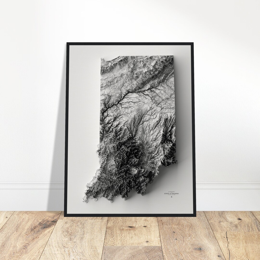 Indiana Elevation Map, Wall Art Topographic Print, Cartography Art ...