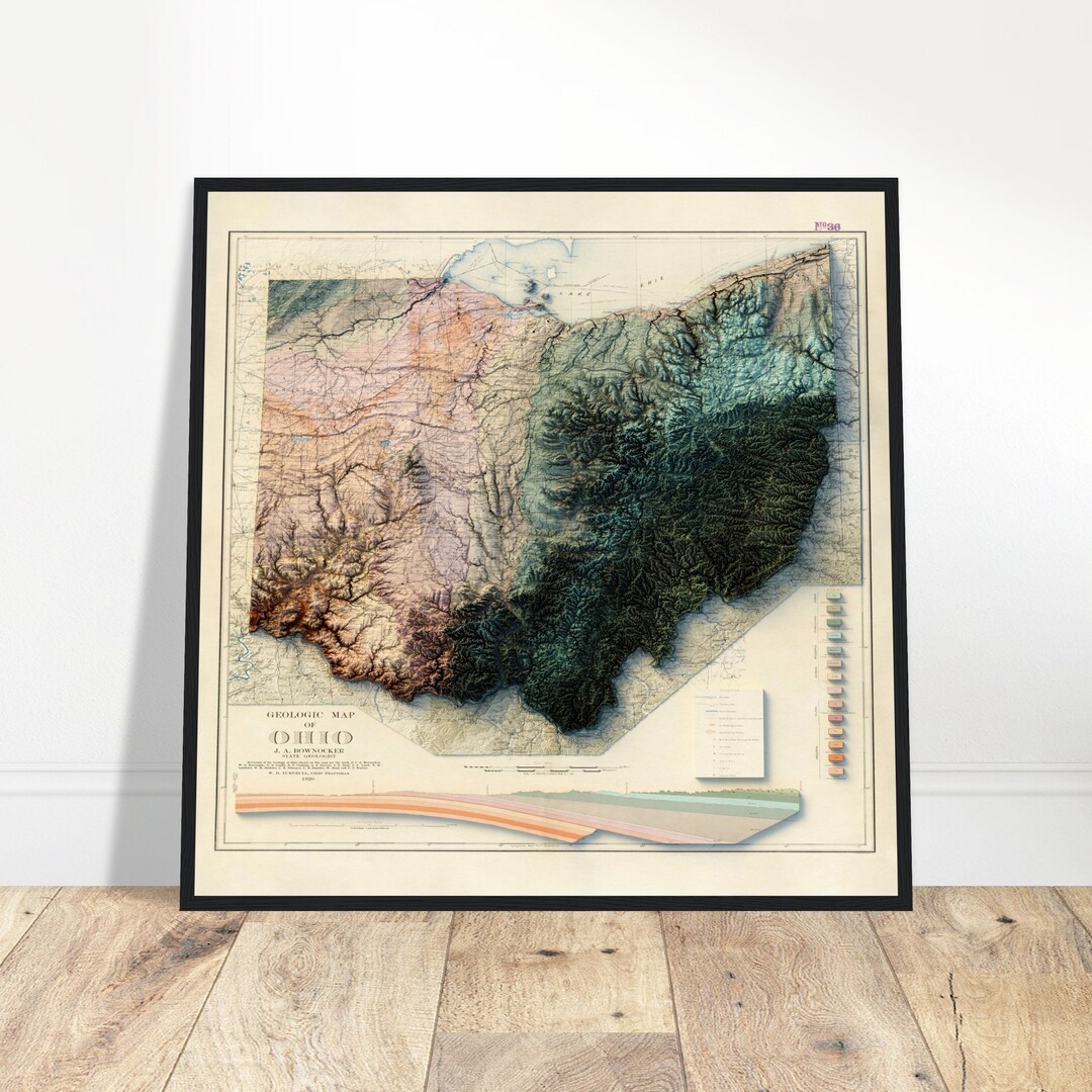 Ohio Geology Map, Wall Art Print, Topographic Relief, Geology Gift, 3D ...