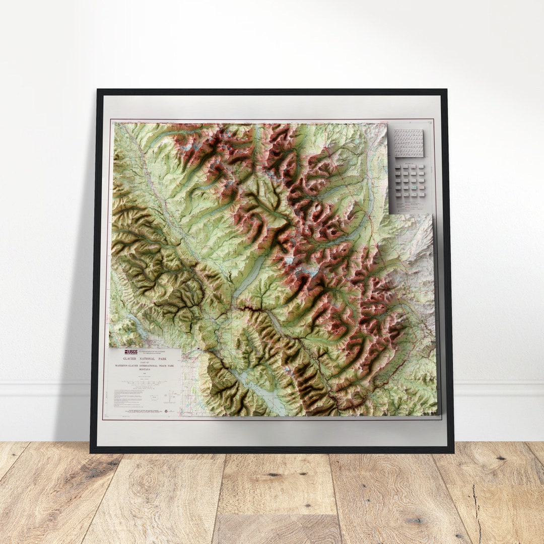 Glacier National Park Map Wall Art Print, Elevation Detail, Vintage ...