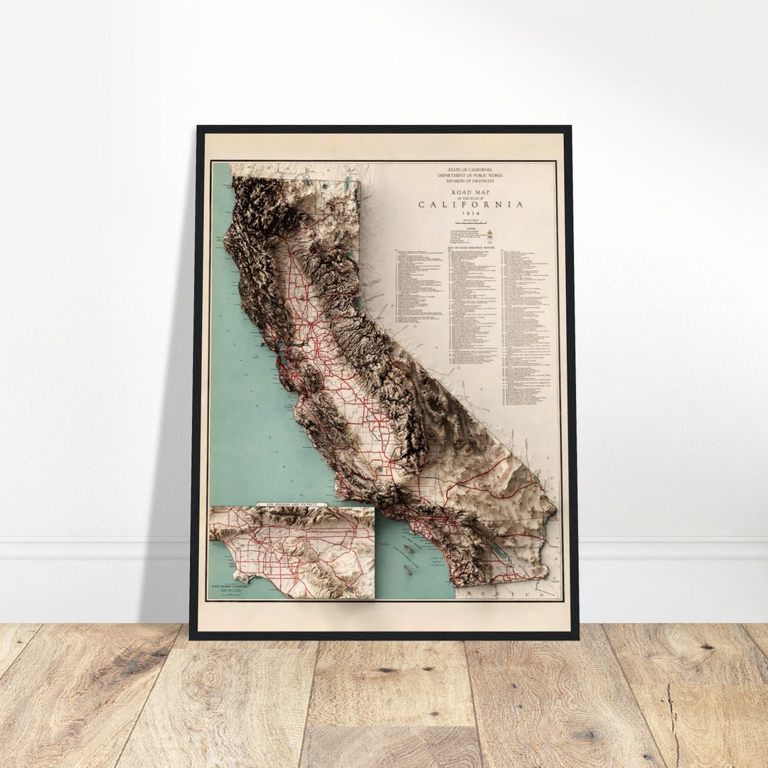California Road Map - Wall Art Topographic Print, Cartography Art ...
