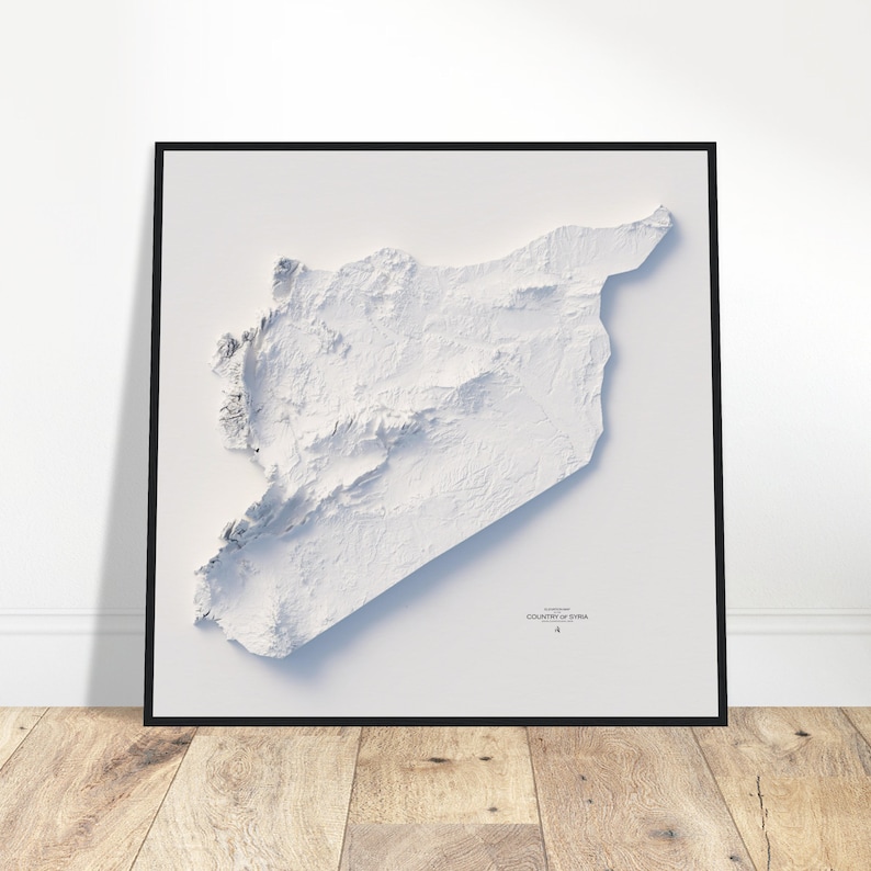 Syria Elevation Map – Minimalist Black and White Topographic Wall Art ...