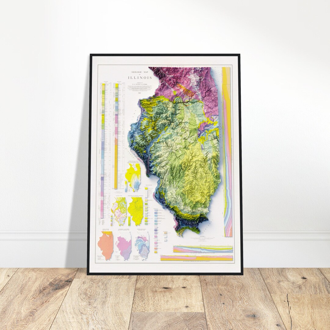 Geology Map of Illinois - Rendered Topographical Relief, Unique Wall ...