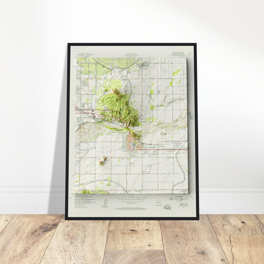 Tempe Arizona Map - Vintage Relief Print, Shaded Contour Topographic ...