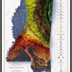 Mississippi Map, Geology & Topography Relief, Wall Art Topographic ...