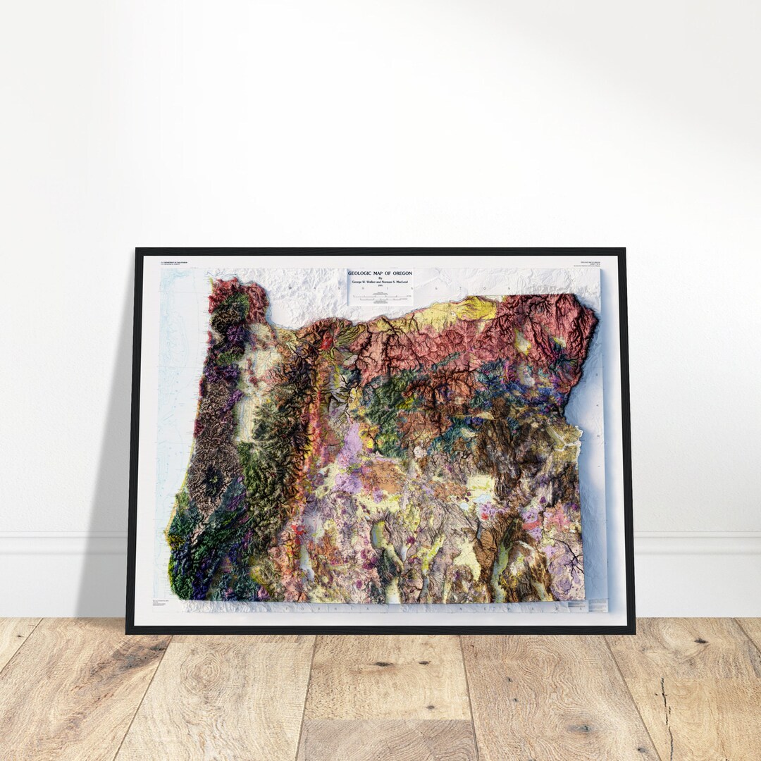 Oregon Geology Map, Wall Art Print, Topographic Relief Map, Geology ...