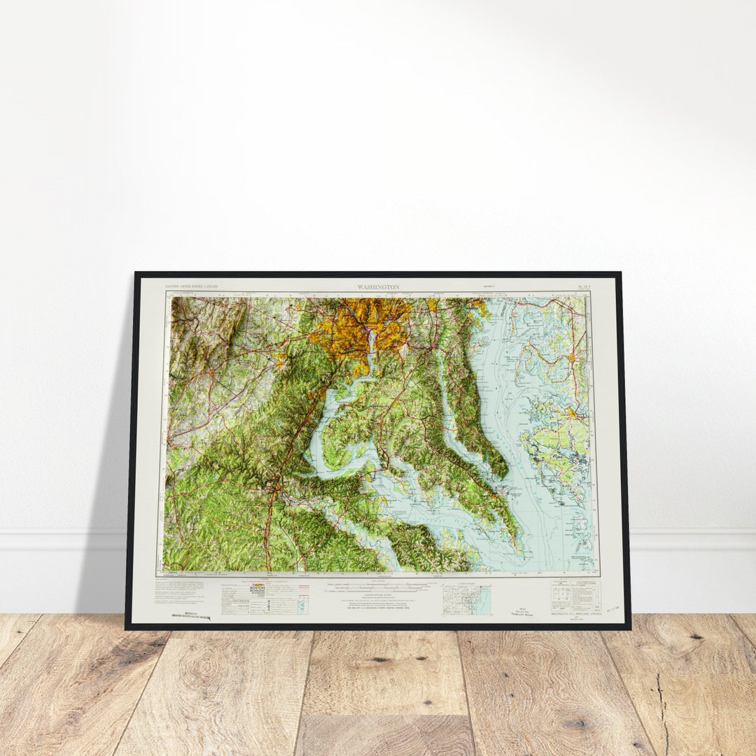 Washington DC Map – Vintage Topographic Relief Print, Elevation Map Art ...