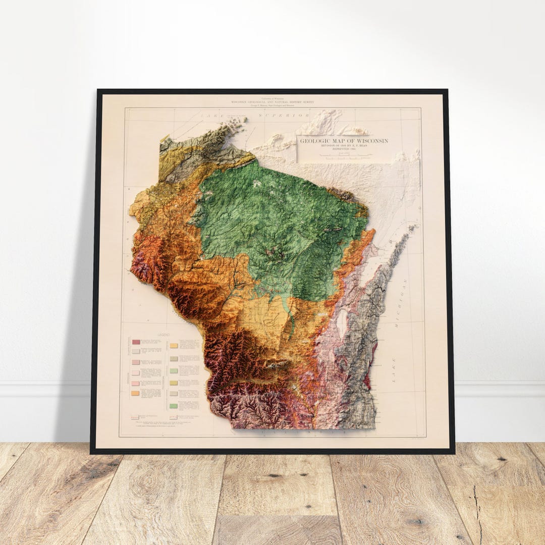 Wisconsin Geology Map – Topographic Relief Map Art, Vintage Cartography ...