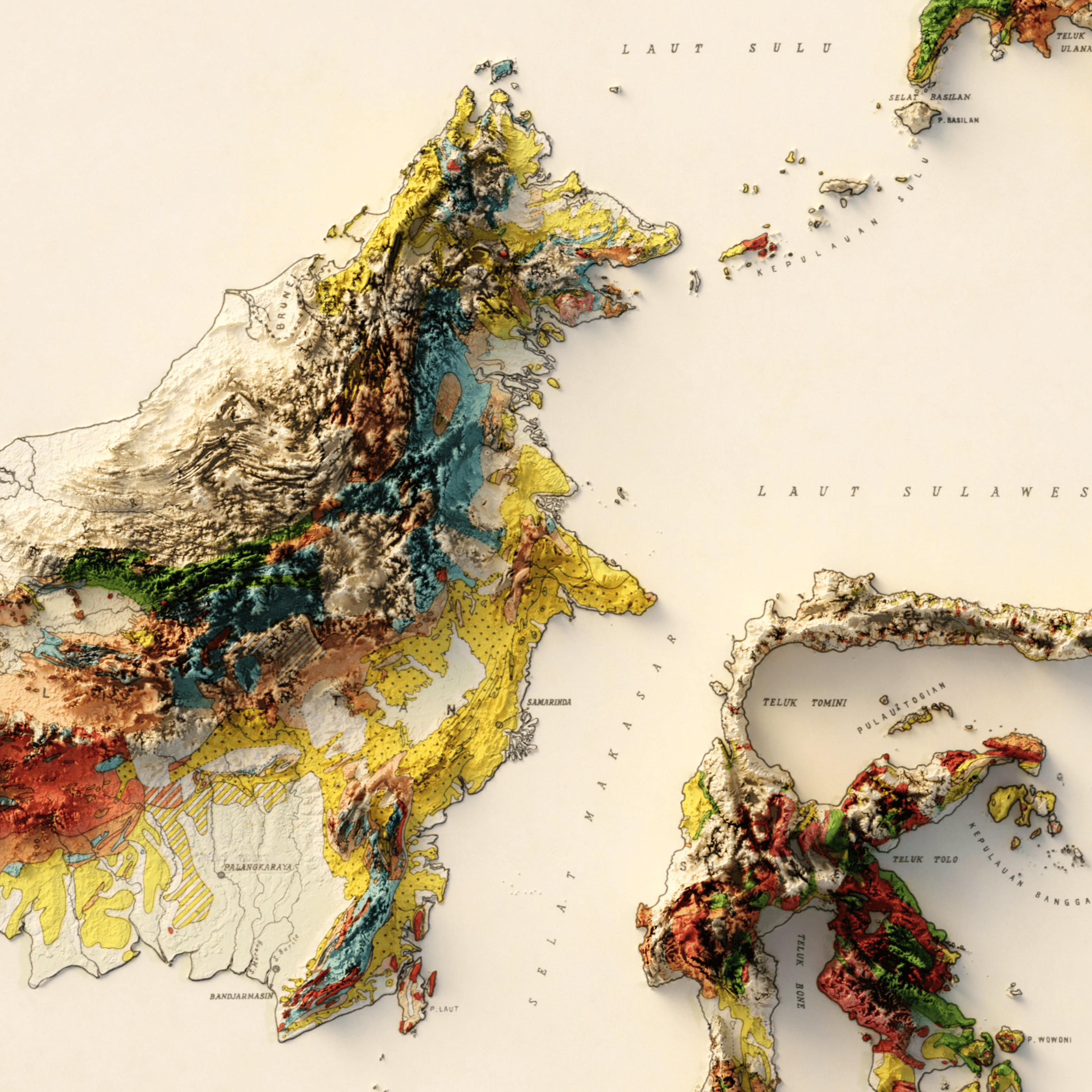 Geological Map of Indonesia – Vintage Topographic Relief Print ...