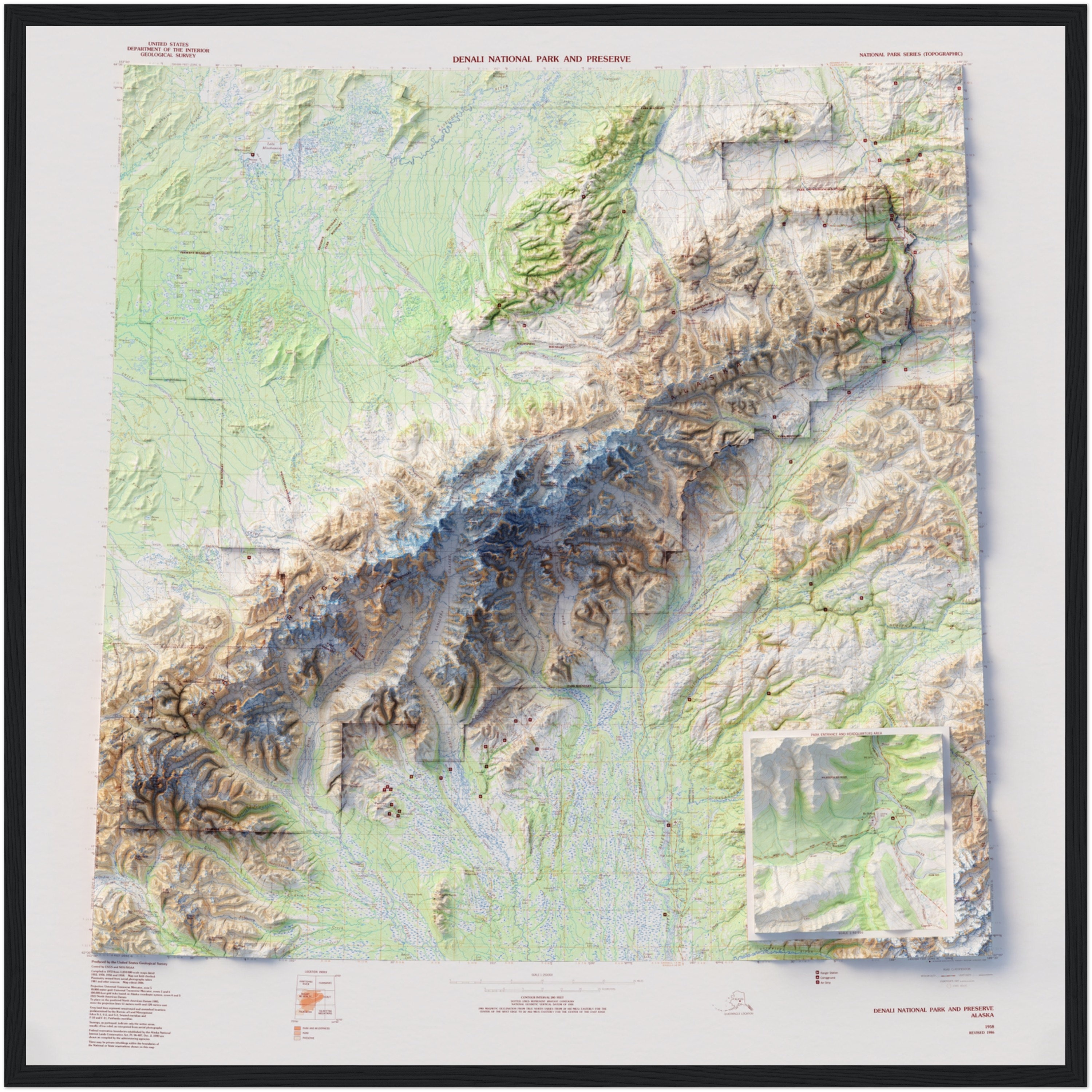 Denali National Park Map Detailed Topography With 3D Visual - Etsy