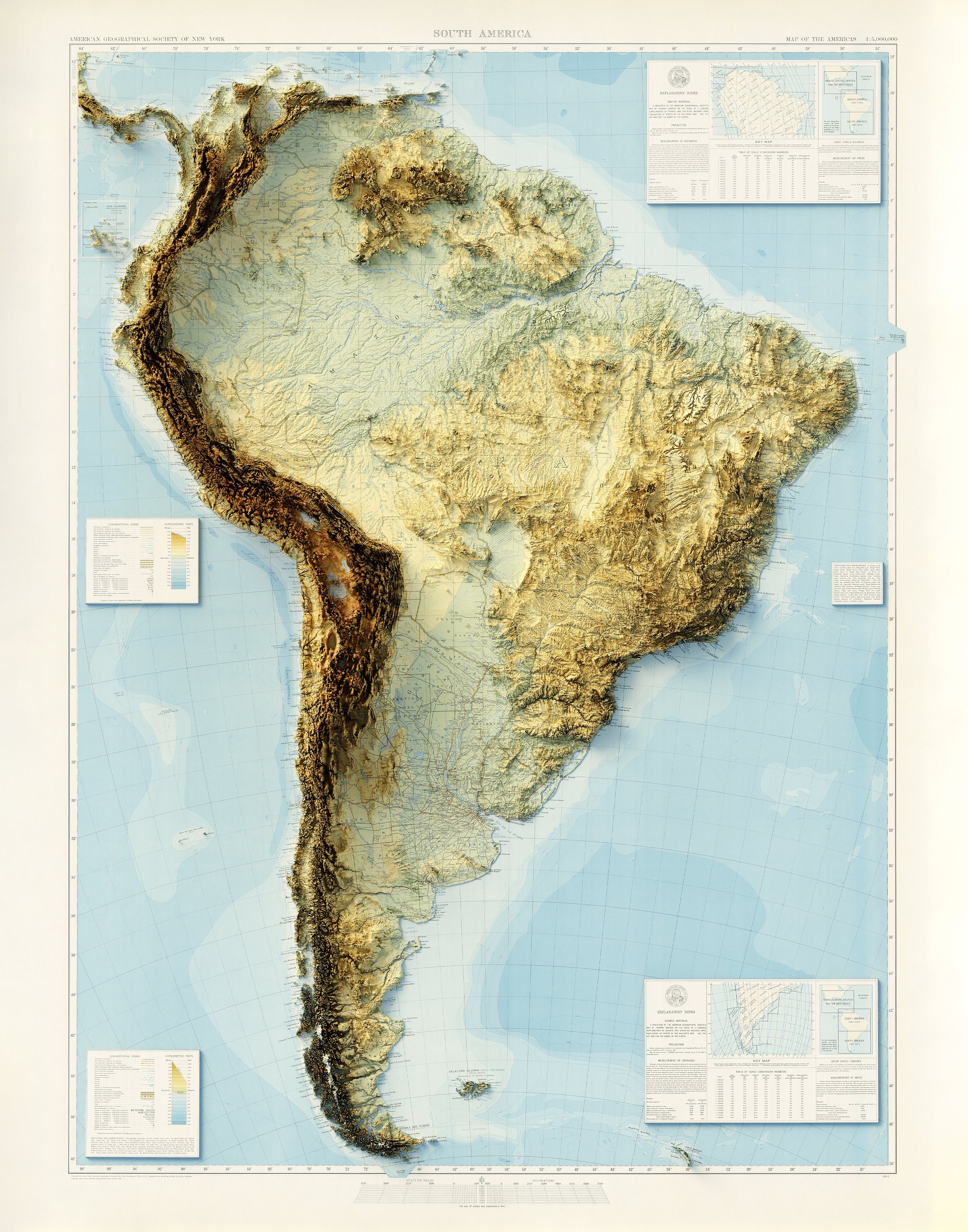 South America Topography Map – Vintage Shaded Relief Print, Detailed ...