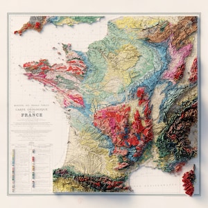 France Geology Map - Detailed Topographical Relief, Wall Art for Home ...