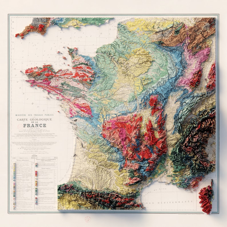 France Geology Map - Detailed Topographical Relief, Wall Art for Home ...