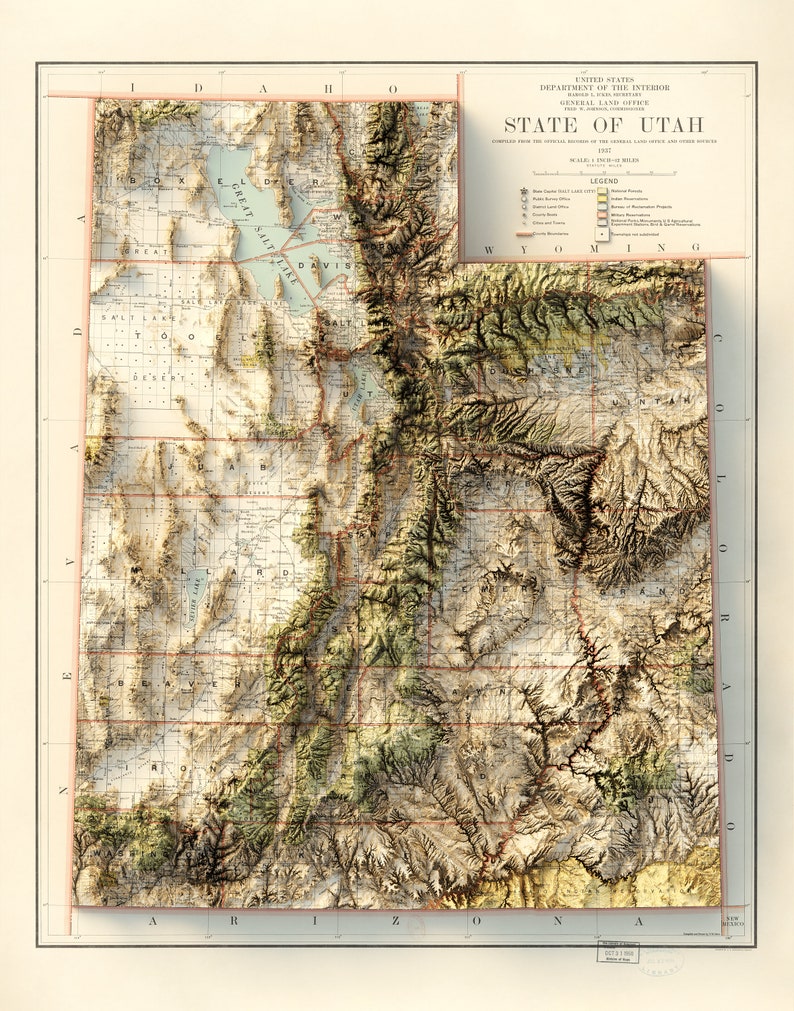 Utah Topography Map - Detailed Topographical Relief Print - Unique Wall ...