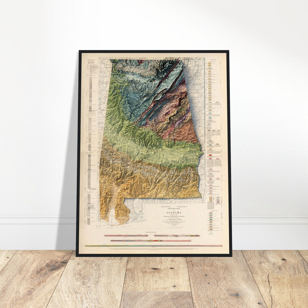 Alabama Geology Map, Detailed Topographical Relief, Wall Decor for ...