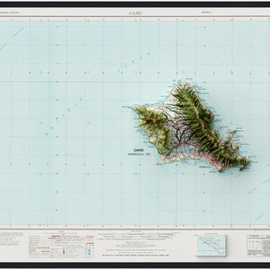 Oahu Hawaii Map - Shaded Relief Print, Topographic Art, Wall Decor for ...