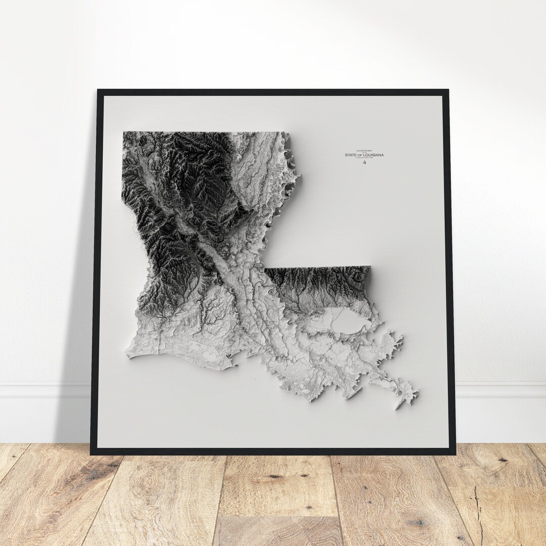 Louisiana Elevation Map - Minimalist Black and White Topographic Wall ...