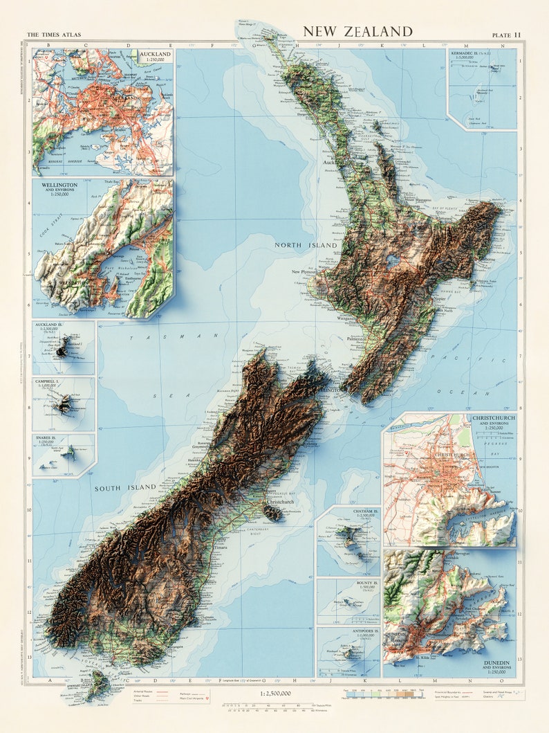 New Zealand Topography Map – Vintage Shaded Relief Print, Topographic ...
