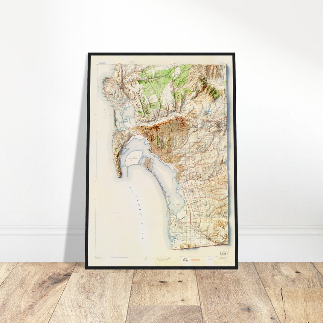 San Diego California Map Topographic Print Vintage Relief Artwork, Wall ...