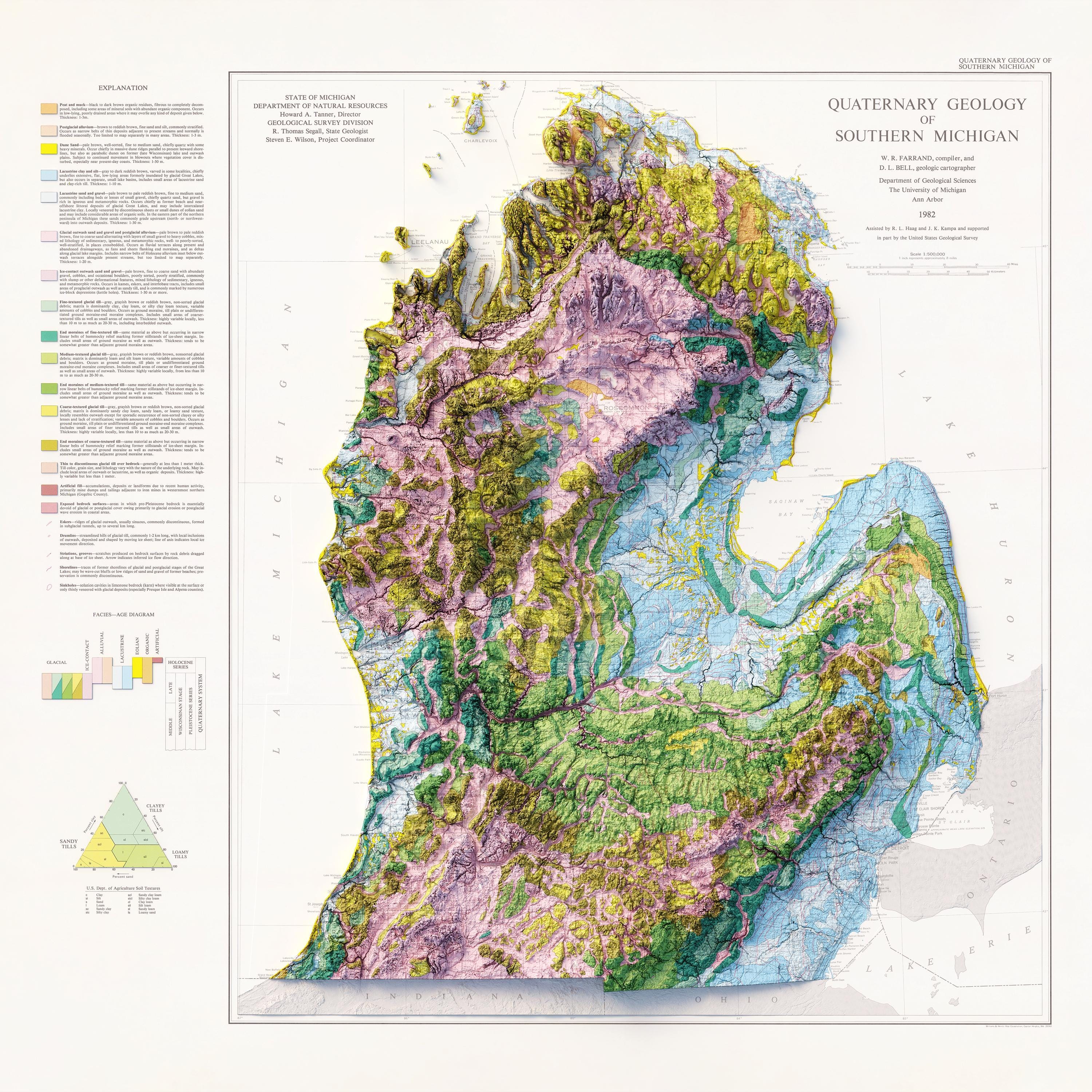 Southern Michigan Quaternary Geology Map, Topographic Relief Topo Map ...
