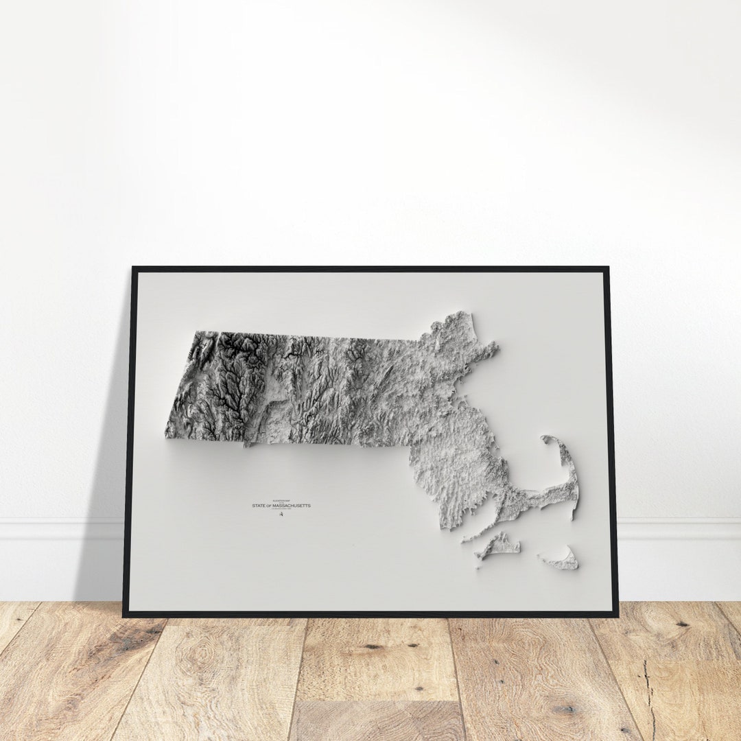 Massachusetts Elevation Map, Wall Art Topographic Print, Cartography ...