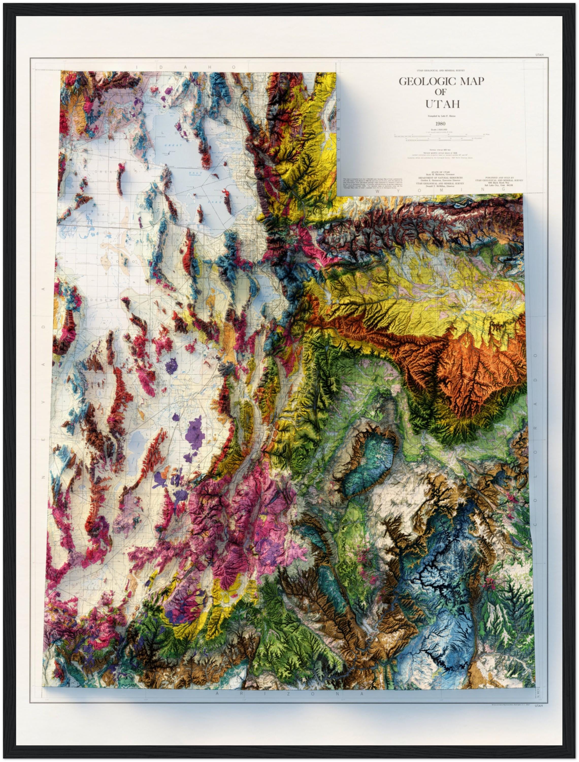Utah Geology Map – Topographic Relief Map Art, Vintage Cartography ...