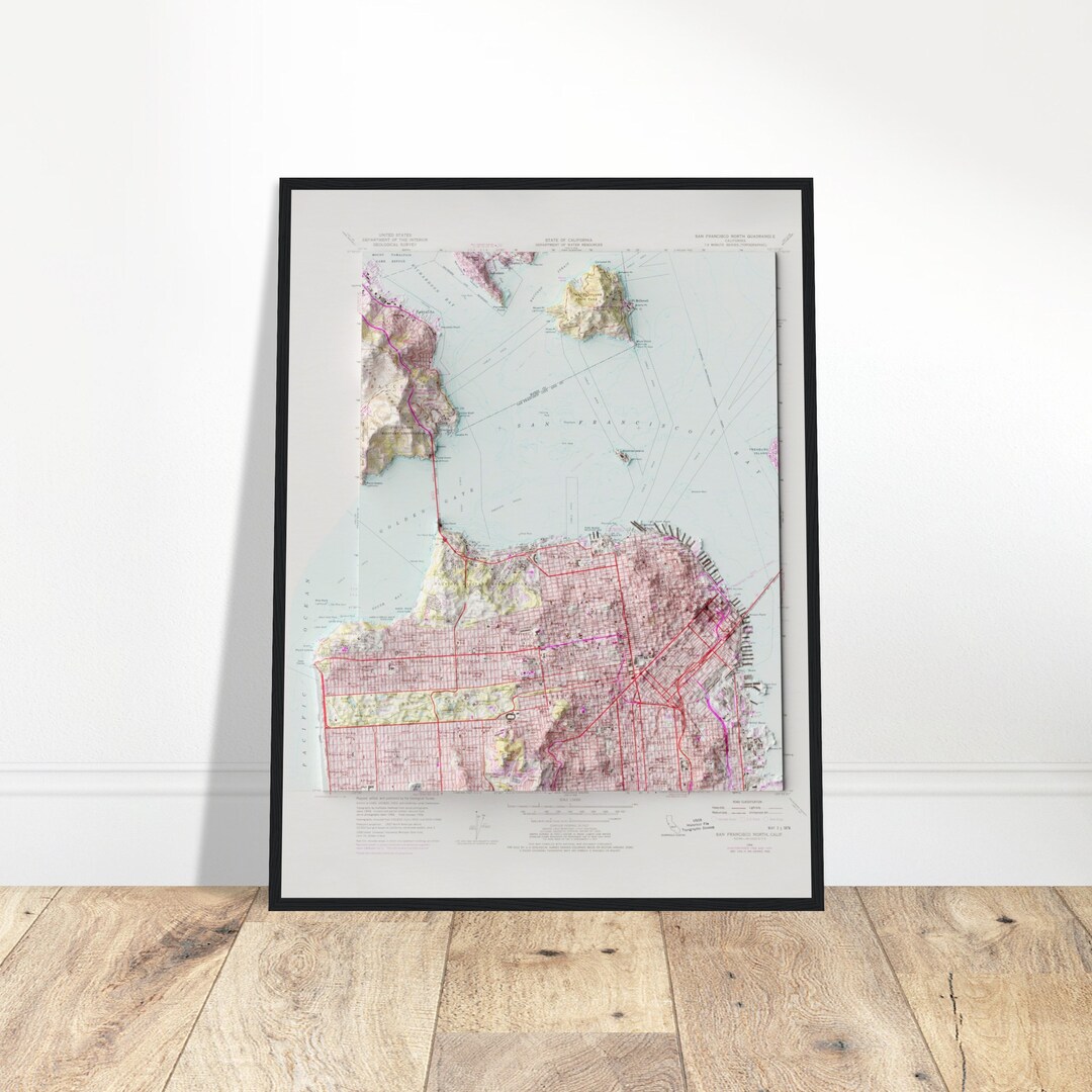 San Francisco California Map – Vintage Topographic Relief Print, Bay ...