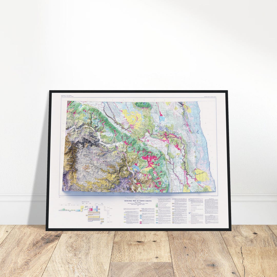 North Dakota Geology Map - Detailed Topographical Relief - Wall Decor ...