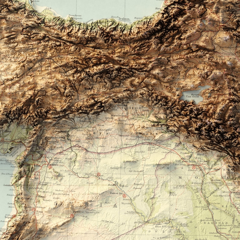 Middle East Topography Map – Vintage Shaded Relief Print, Regional ...