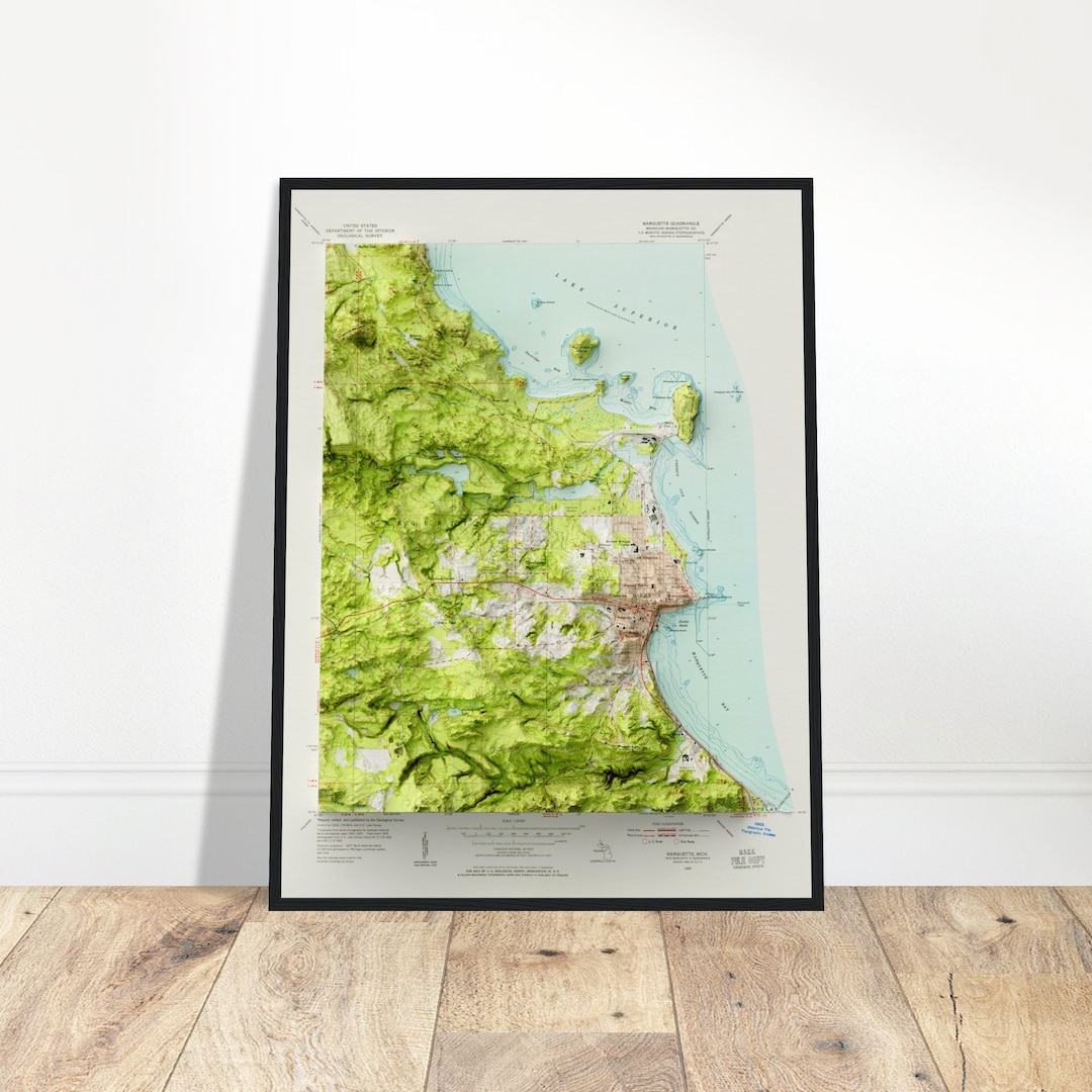 Marquette Michigan Map – Vintage Topographic Relief Art Print, Detailed ...
