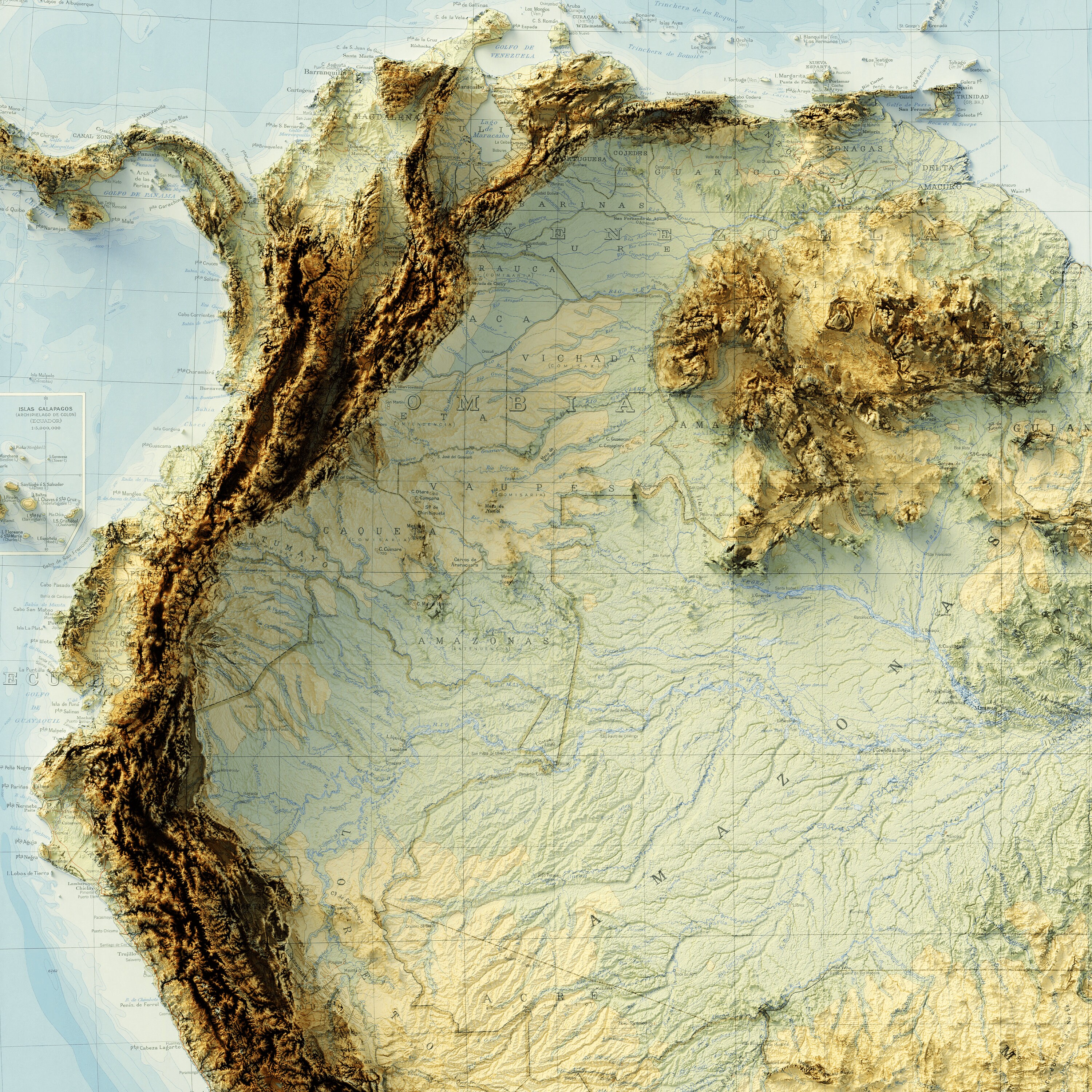 South America Topography Map – Vintage Shaded Relief Print, Detailed ...