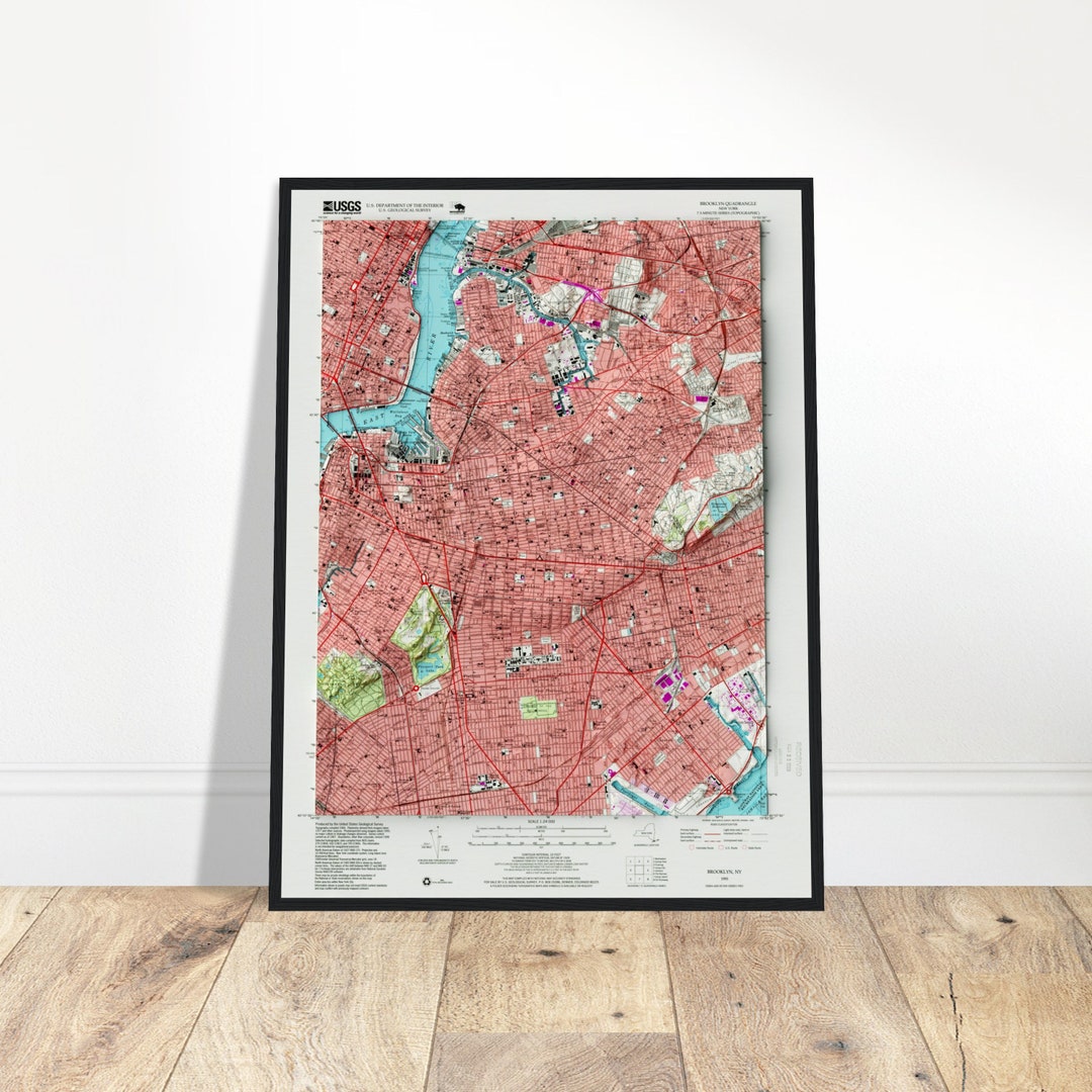 Brooklyn New York Map – Vintage Topographic Relief Print, Urban ...