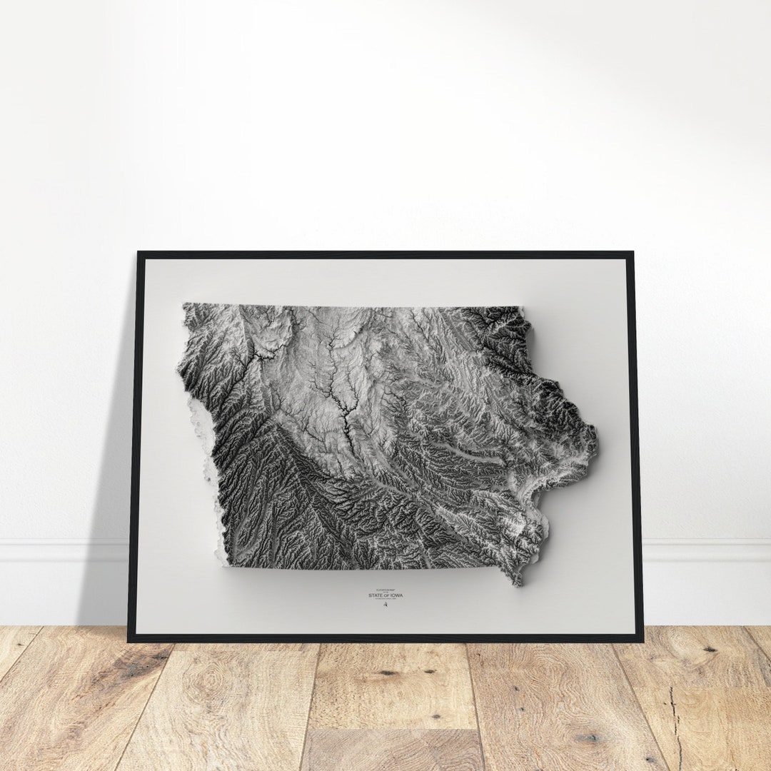Iowa Elevation Map, Wall Art Topographic Print, Cartography Art, Vintage Décor for Home & Office ...