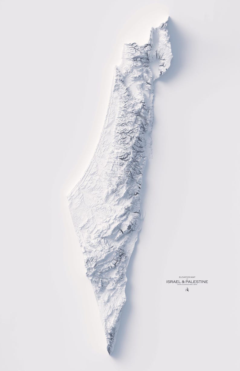 Israel and Palestine Elevation Map – Minimalist Black and White ...