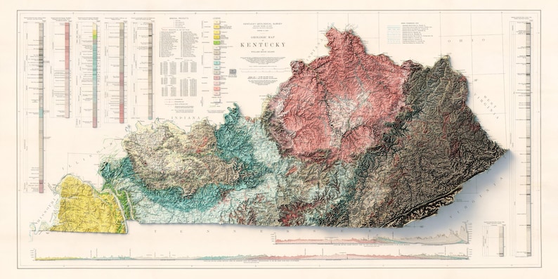 Kentucky Geology Map – Topographic Relief Map Art, Vintage Cartography ...