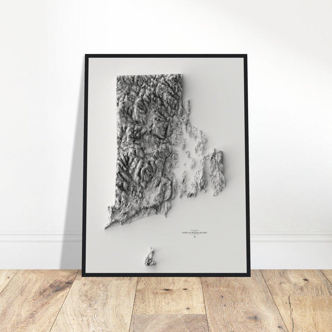 Rhode Island Elevation Map, Wall Art Topographic Print, Cartography Art, Vintage Décor, Gift for ...